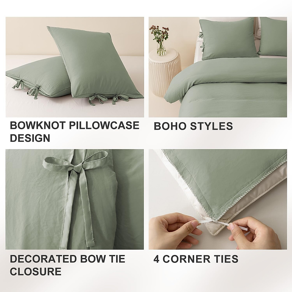 MUKKA Sage Green Duvet Cover Set Queen Size with Bowknot Closure 3 Pieces Washed Microfiber Duvets Set Boho Style for Girl Men Women