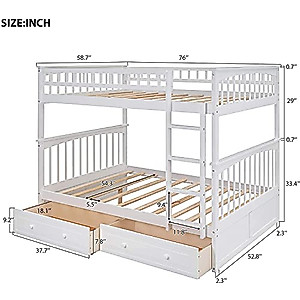 STP-Y Twin Over Twin Bunk Bed, Bunk Bed Frame with Storage Drawers, Wooden Twin bunk Bed with Safety Rail Ladder, Grey (Color : White, Size : Full Over Full)