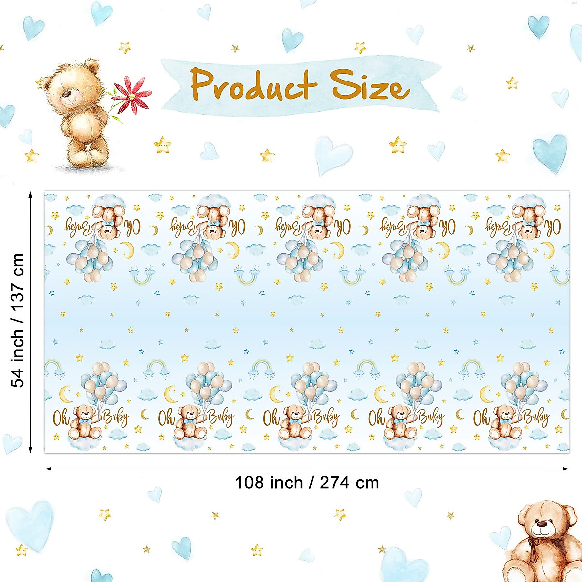 3 Pack Teddy Bear Baby Shower Tablecloth Plastic Table Cover Balloon Bear Rectangle Tablecloth for Boy Girl Gender Reveal Birthday Baby Shower Bear Theme Party Decor, 54 x 108 Inch (Blue)