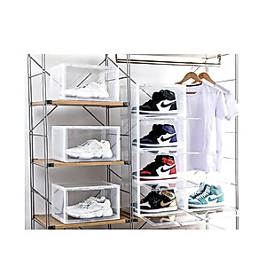 KZK KrazeKickz Storage Shoe Box, Toy/Collector Storage, Clear Plastic Stackable Shoe Organizer for Closet, Space Saving Foldable Shoe Sneaker Containers Bins Holders (Shoe Box White)