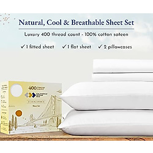 California Design Den Full Size Sheet Sets, Natural 100% Cotton Sheets, Soft Luxury 400 Thread Count Sateen 4 Pc Bedding Sheets & Pillowcase Set, Deep Pocket Cooling Sheets (Bright White Sheets)