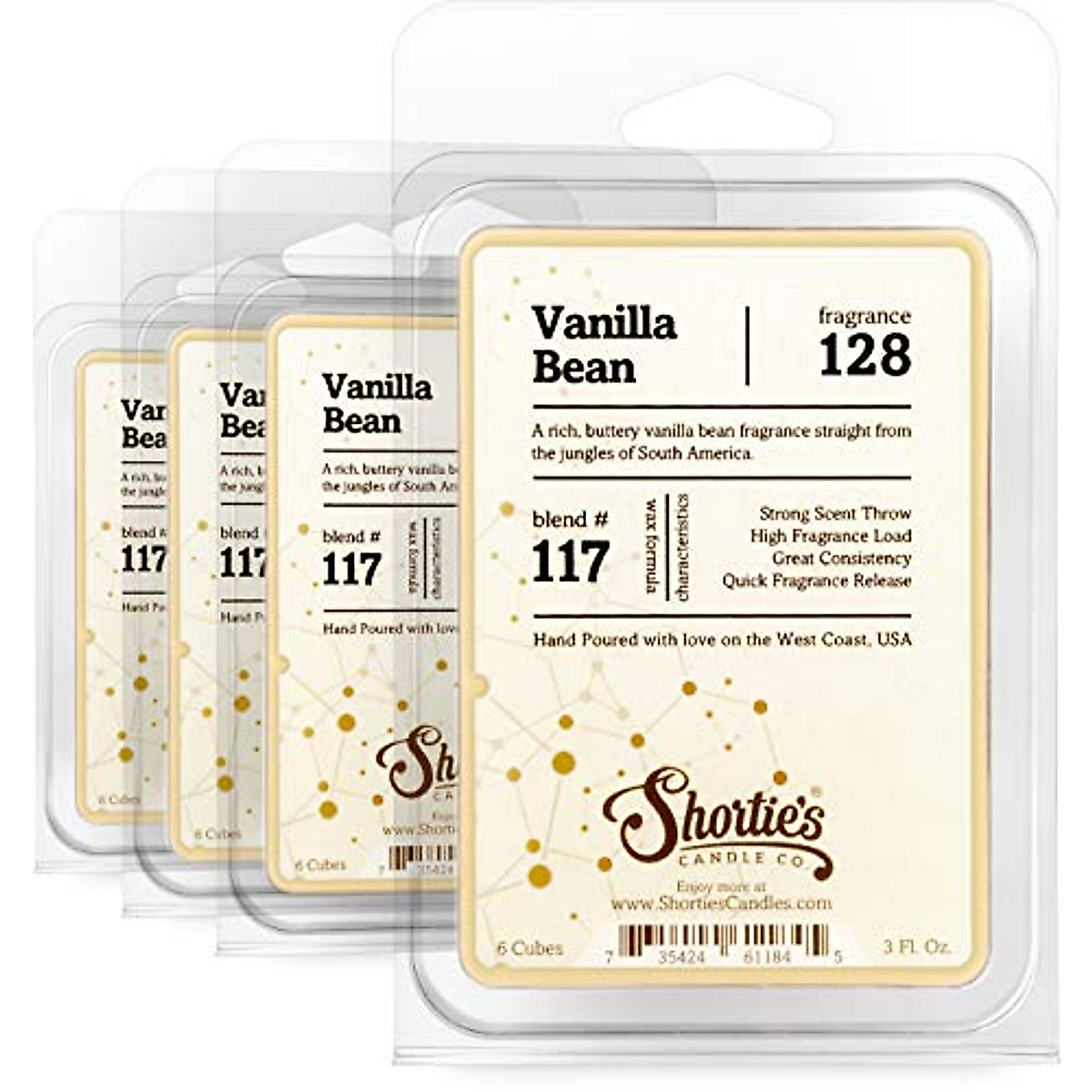 Shortie's Candle Company Vanilla Bean Wax Melts Bulk Pack - Formula 117-4 Highly Scented Bars - Made with Natural Oils - Bakery & Food Air Freshener Cubes Collection