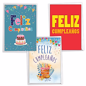 NobleWorks Assortment Pack of 3 Spanish Language Birthday Greeting Cards with Envelopes (3 Designs, 1 Each), Feliz Cumpleaños, Fiesta Time VC10236BDG-C1x3-SL