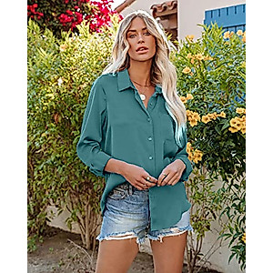 Pausus Collared Satin Shirt Womens Casual Long Sleeve Button-Up Collared Silk Blouse with Pocket(Peacock Blue,S)