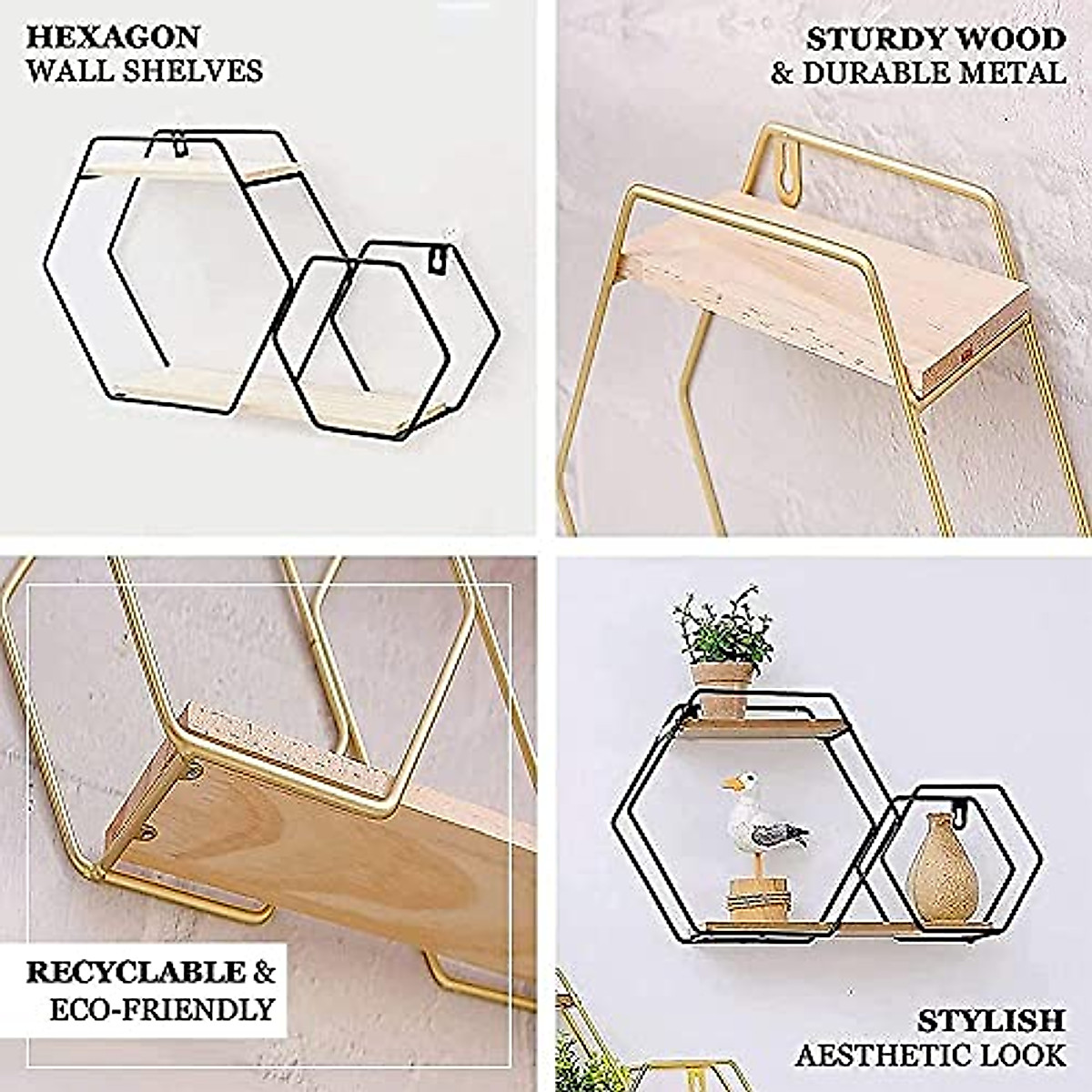 Fasyou Hexagon Floating Shelves Cute Gold Honeycomb Shelves Wall Mounted Shelves with Metal Bracket Rustic Solid Wood Wall Shelves for Living Room,Bedroom,Gold