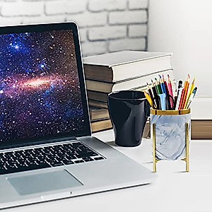 Rotating Marble Utensil Holder for Kitchen Countertop, Spoon Holder for Dining Table, Marble Ceramics with Durable Metal Frame 3.15 * 4.7 inch Blue and Gold 2 PCS