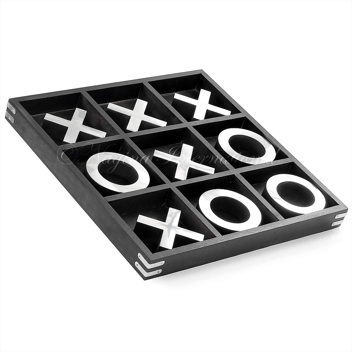 14" Large Elegant Premium Black Tic Tac Toe Board Game | Wooden Puzzle Game | Coffee Table Wooden Decor & Games with Nickel Sheathed Pieces