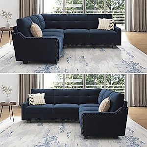 HONBAY Convertible Sectional Sofa L Shaped Couch for Small Apartment Reversible Sectional Couch for Living Room,Velvet Dark Blue