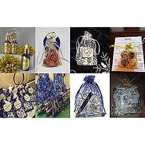 Ankirol 100pcs Sheer Organza Favor Bags For Wedding Baby Shower Rattan Print Gift Bags Samples Display Drawstring Pouches (3x4 inch, blue)