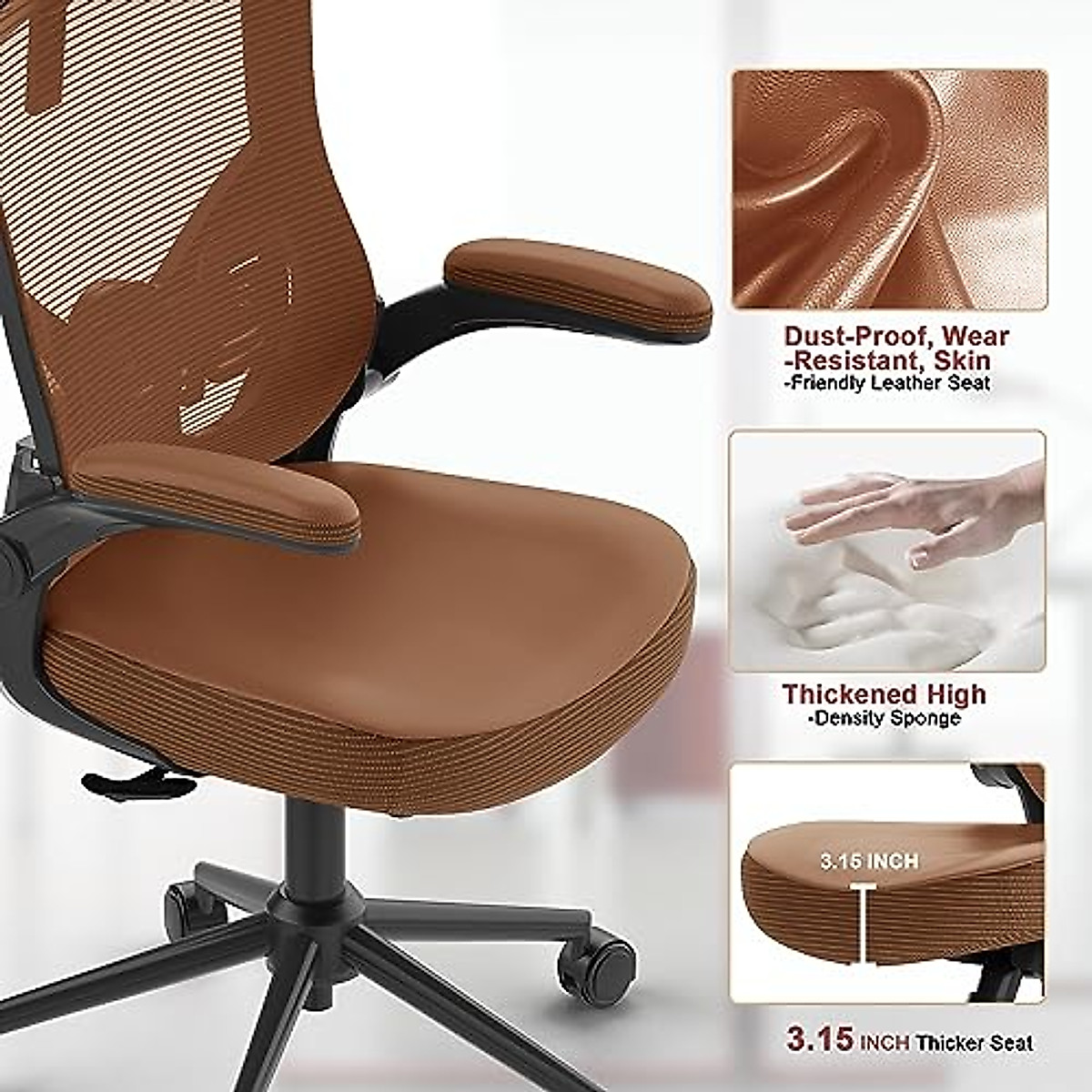 𝑯𝑶𝑴𝑬 𝑶𝑭𝑭𝑰𝑪𝑬 𝑪𝑯𝑨𝑰𝑹, Ergonomic Mesh Desk Chair, High Back Computer Chair- Adjustable Headrest with Flip-Up Arms, Lumbar Support, Swivel Executive Task Chair (Mummy Brown, Modern)