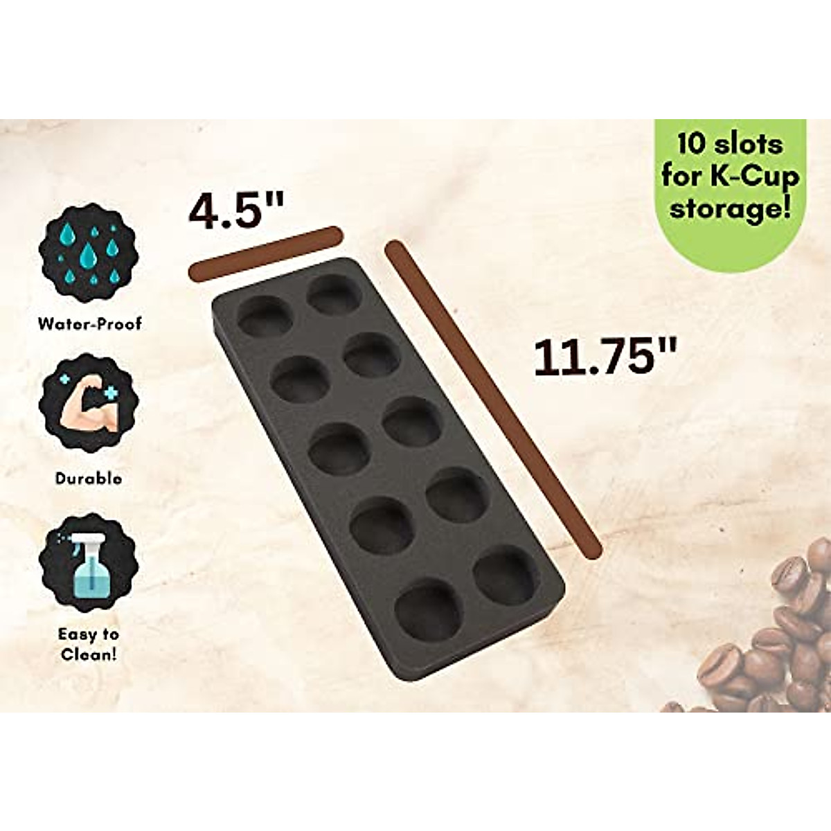 Polar Whale 2 Coffee Pod Storage Organizers Tray Drawer Insert for Kitchen Home Office Waterproof 4.5 X 11.75 Inches Holds 10 Compatible with Keurig K-Cup Durable Dark Gray Foam Made In The USA