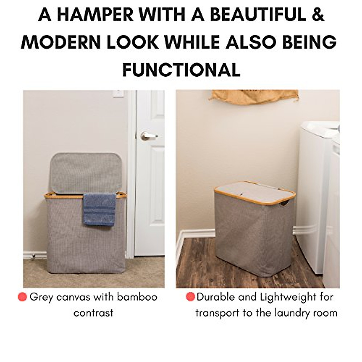 BIRDROCK HOME Bamboo & Canvas Hamper - Single Laundry Basket with Lid - Modern Foldable Hamper - Cut Out Handles - Grey Narrow Design - Great for Kids Adults