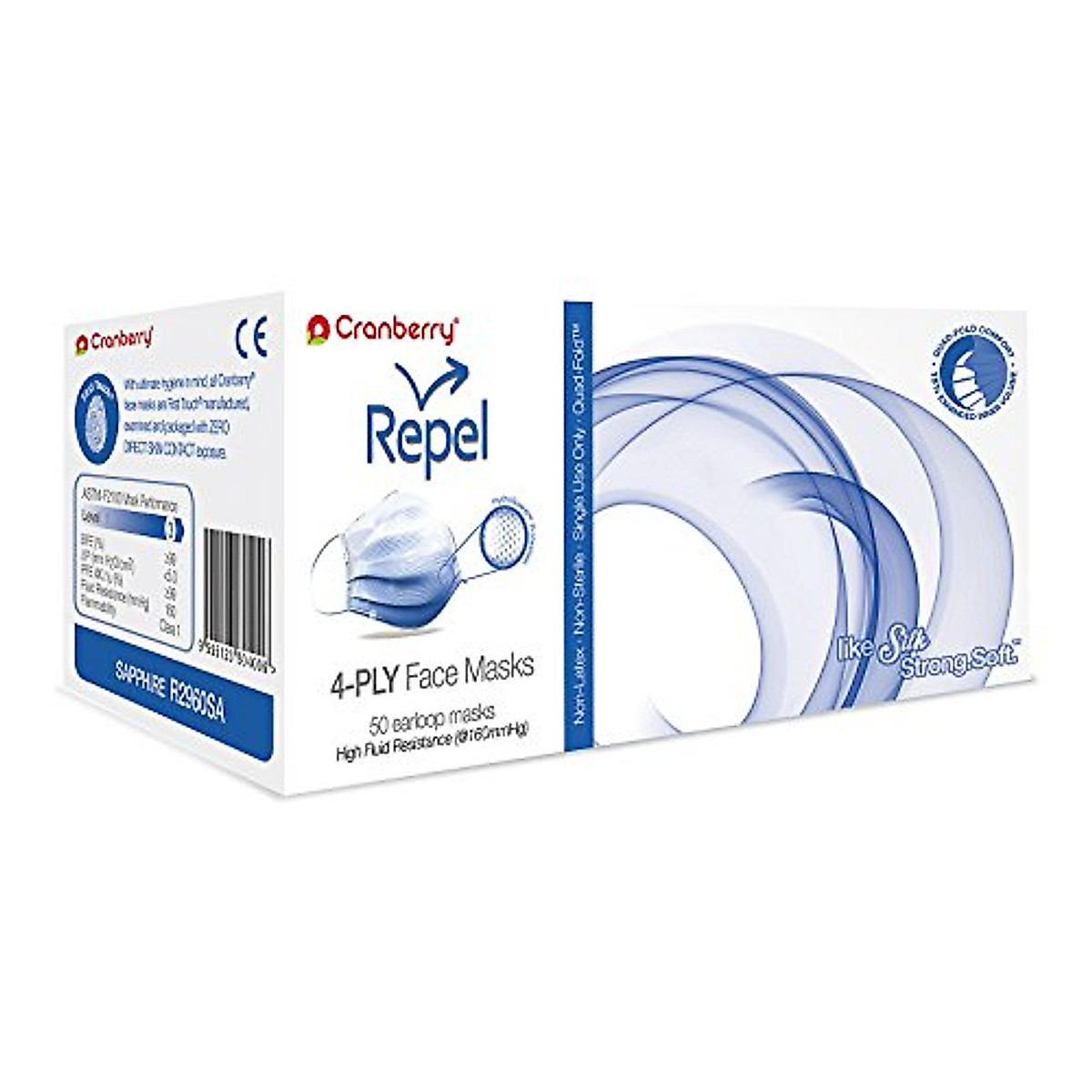 R2960SA Cranberry Repel Series R2960 4-Ply Earloop Face Mask, Sapphire (Pack of 50)