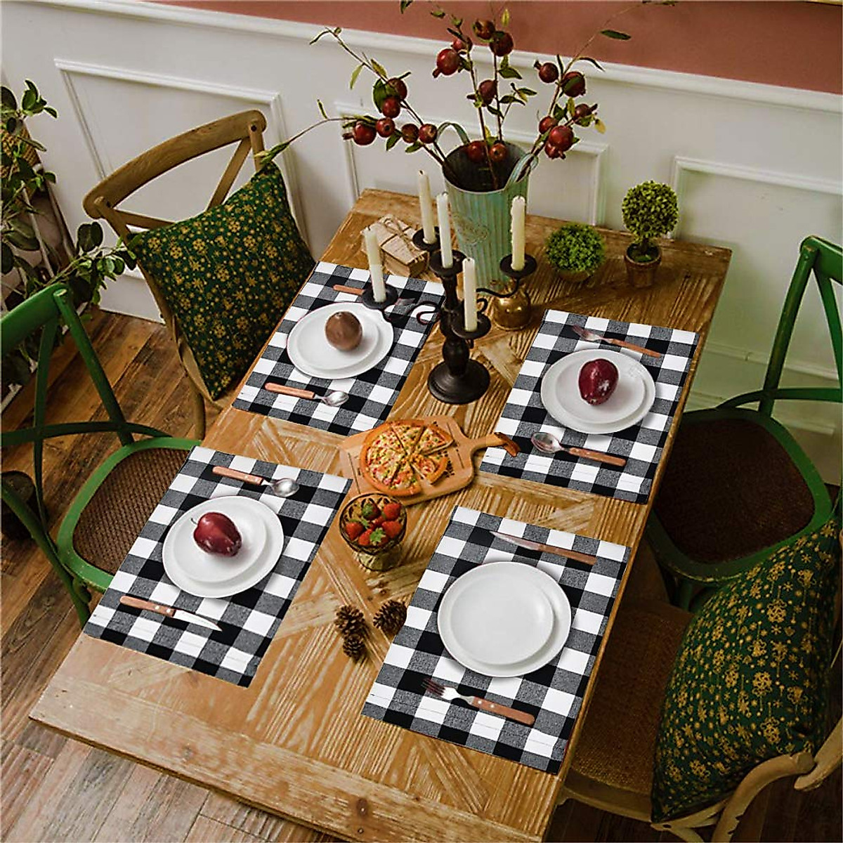 Senneny Set of 6 Christmas Placemats Buffalo Check Placemats Black White Plaid Reversible Burlap & Cotton Placemats for Christmas Holiday Table Home Decoration