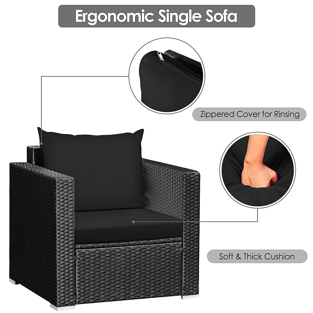 DORTALA 3 Pieces Patio Furniture Set, Outdoor Rattan Sofa Set with Cushions, Tempered Glass Tabletop, Wicker Conversation Furniture Set for Backyard, Garden, Poolside, Balcony, Black