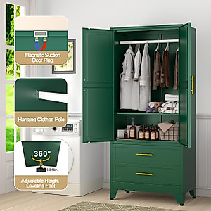 71" Metal Armoire Wardrobe Closet, Metal Wardrobe Cabinet with Hanging Rod (Green)