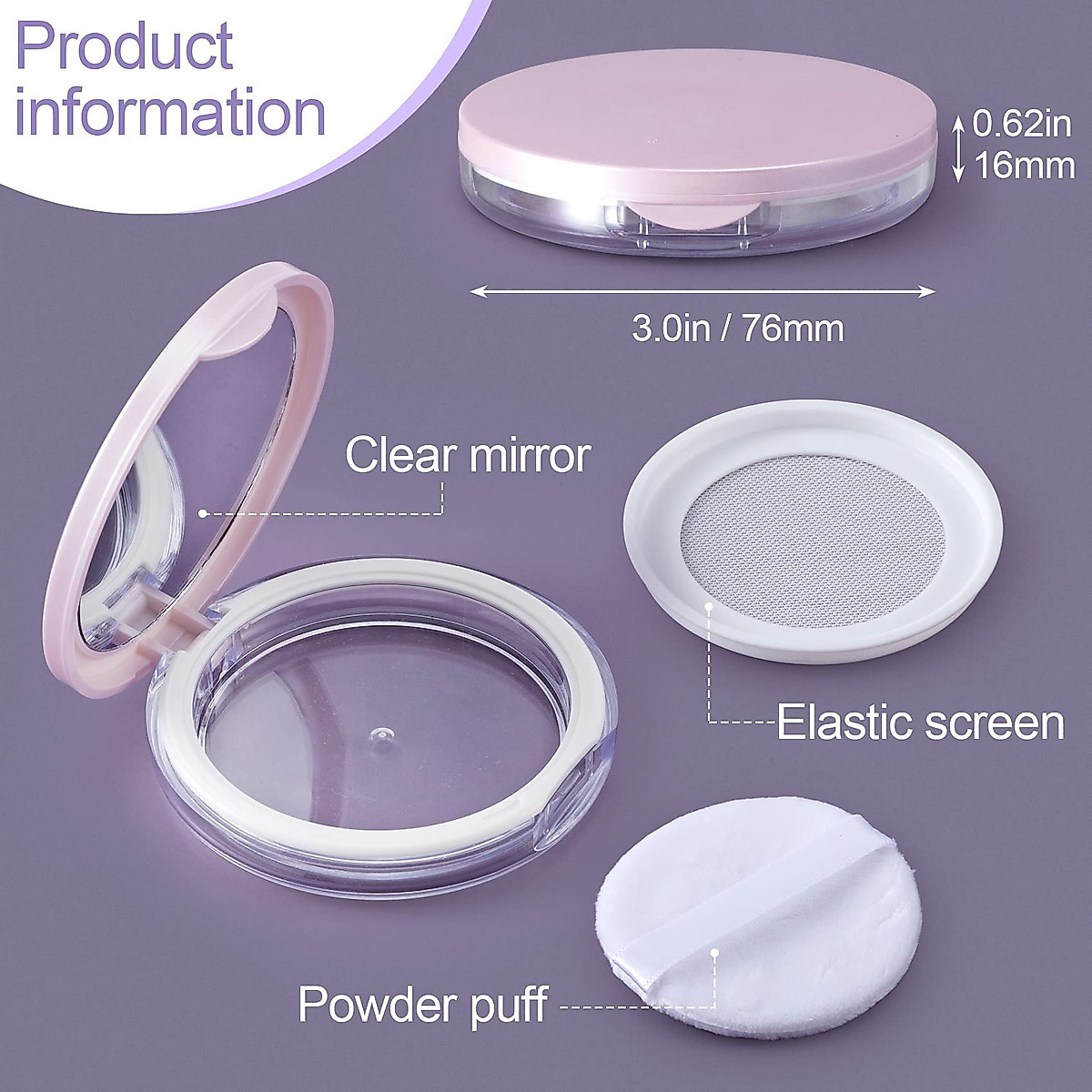 OIIKI 2 Packs Loose Powder Compact Containers, 3g Refillable Container with Powder Puff, Mirror, Net, Spoon, DIY Makeup Powder Cases Portable Powder Compact Boxes for Daily Use or Travel -Pink, Silver