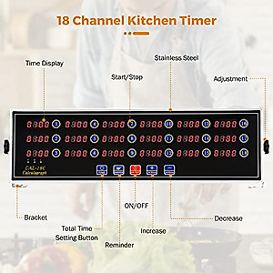 BEAMNOVA 18 Channels Digital Kitchen Commercial Cooking Timer,Restaurant Timer with Loud Alarm,Stainless Steel LED Display Timer for Cooking Reminder