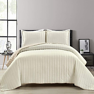 Lush Decor Soft Stripe All Season 3 Piece Quilt/Coverlet Set, Neutral & Ivory, Full Queen