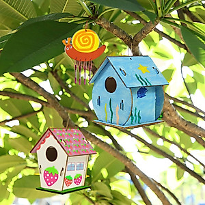 Aulufft 18pcs DIY Wooden Bird House Tool Set,Wooden Arts Wind Chime Kits with Pigments and Brush,Simulation Butterfly Accessories,Birdhouse Crafts for DIY Paint