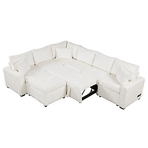 112.2” Sectional Sofa Pull Out Sofa Bed Sleeper with a Storage Ottoman, 3 Pillows and Charging Devices, Modern Oversized Modular Sectional Sofa Couch with Pull Out Bed for Living Room, Beige