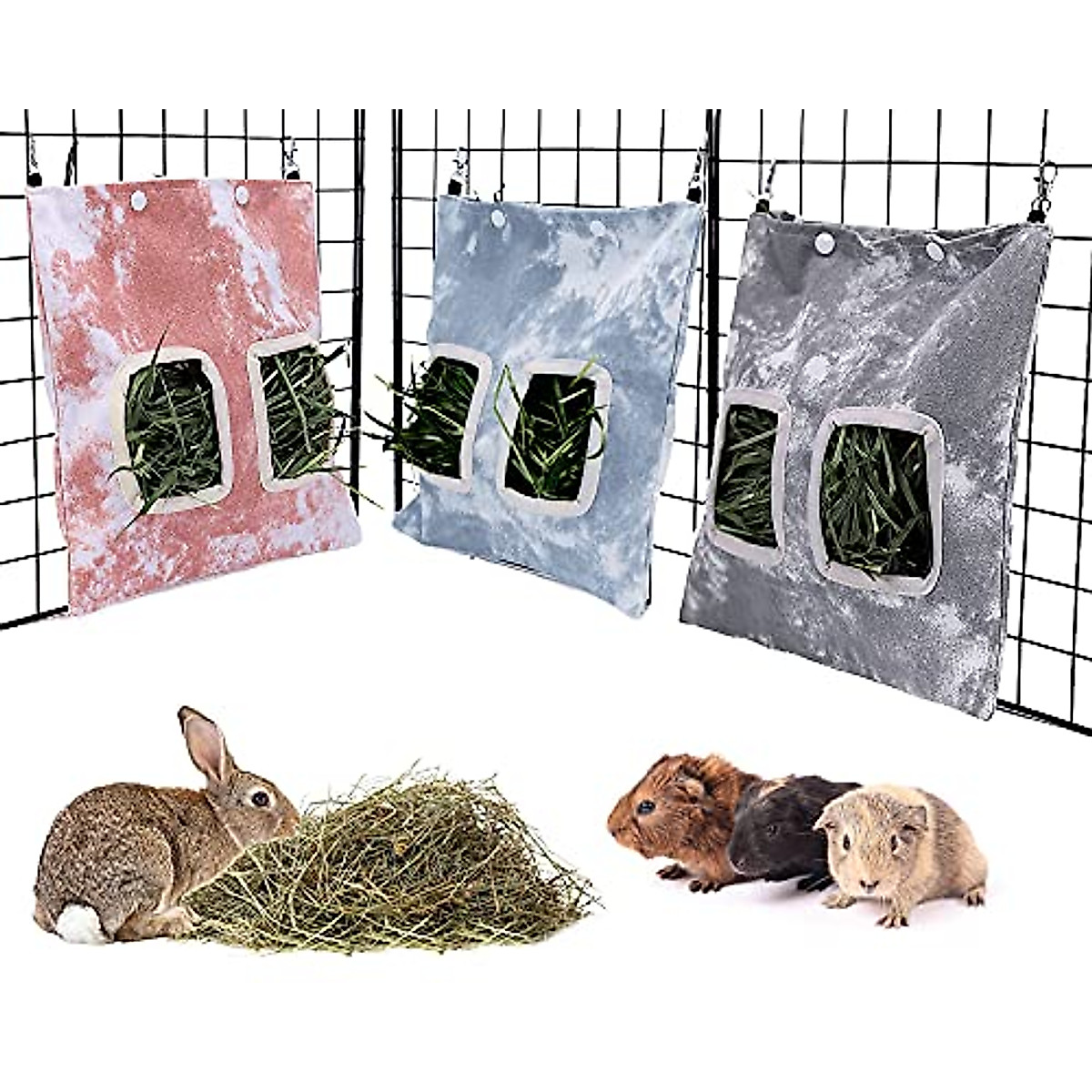 LeerKing Rabbit Hay Feeder Bag, Hanging Canvas Hay Feeder Guinea Pig with Clips, Hay Holder Bag for Rabbits Bunny Guinea Pig and Other Small Animals