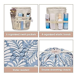 Barrel Drawstring Makeup Bag Travel Cosmetic Bag Large Toiletry Organizer Waterproof for Women (Large, Blue Leaf)