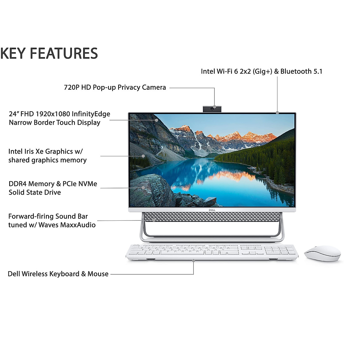 Dell Inspiron 5400 All-in-One Desktop, 23.8" FHD Touchscreen, Intel Core i5-1135G7, 16GB RAM, 512GB SSD, Webcam, HDMI, RJ-45, Wireless Keyboard&Mouse, WiFi 6, Windows 11 Home, White
