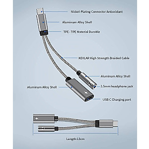 Feipu USB C to 3.5mm Headphone and Charger Adapter, 2 in 1 Jack Adapter Hi-Res DAC Fast Charging Dongle Cord Compatible with Google Pixel 5 4 3 XL, Galaxy S21/S21+ Note 10/20, Gray