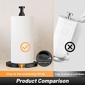 VEHHE Paper Towel Holder Countertop, Simply Tear Black Paper Towel Holder with Damping Effect & Non-Slip Suction Cups, Stainless Steel Paper Towel Stand for Bathroom Kitchen