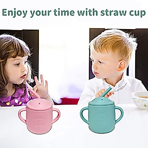 Adocham 100% Silicone Baby Cup With Straw & 2 Handles,Food Grade Toddler Infant Sippy Training Cups Spill Proof,BPA-Free,6 Months+,5oz (Cyan)