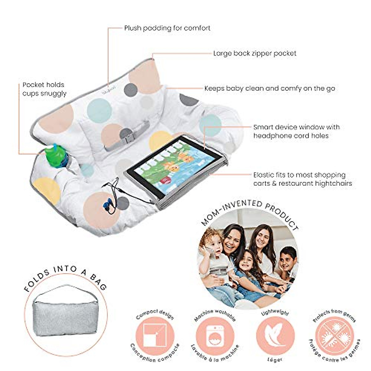 Lulyboo Baby Shopping and Grocery Cart and Highchair Cover Features iPad Cell Phone Tablet Device Clear Pockets for Toddler - Machine Washable Cover Folds Into Bag Fit Most Carts and Chairs