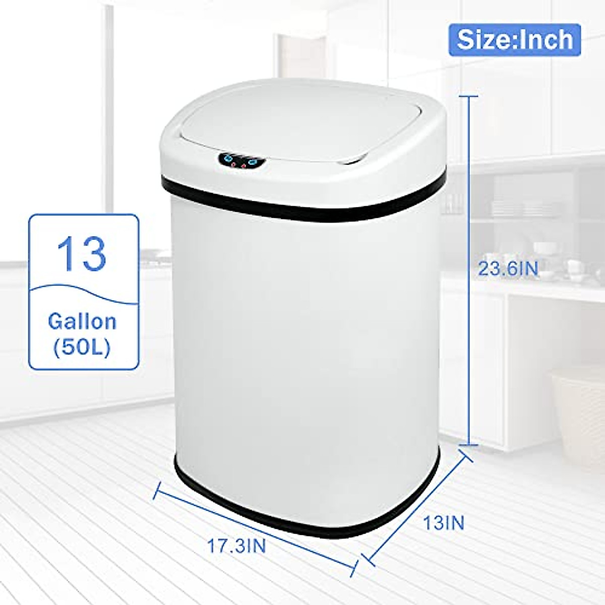 PIKAQTOP Automatic Touchless Infrared Motion Sensor Trash Can 13 Gallon, 50L High-Capacity Finger-Print Resistant Stainless Steel Brushed Bin with Lid, Garbage for Bathroom Bedroom Home Office, WHITE