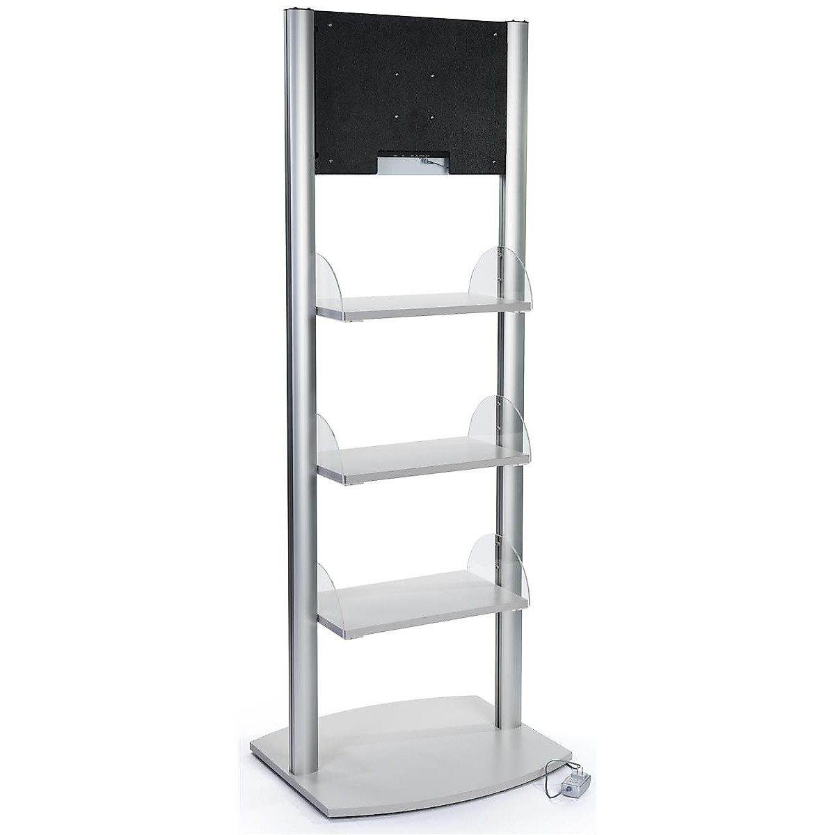 Displays2go 73.25”h Aluminum Tiered Digital Display with 3 Adjustable Shelves and 21.5” LCD Screen – Silver (DRS21SV)