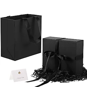 Gift Box 8 x 7 x 3 Inch,Valentines Day Present Box with Lid Paper Bridesmaids Proposal Box with Present Bag Card Ribbon Paper Filler,Gift Boxes for Presents,Wedding Birthdays Gift Packging (Black)