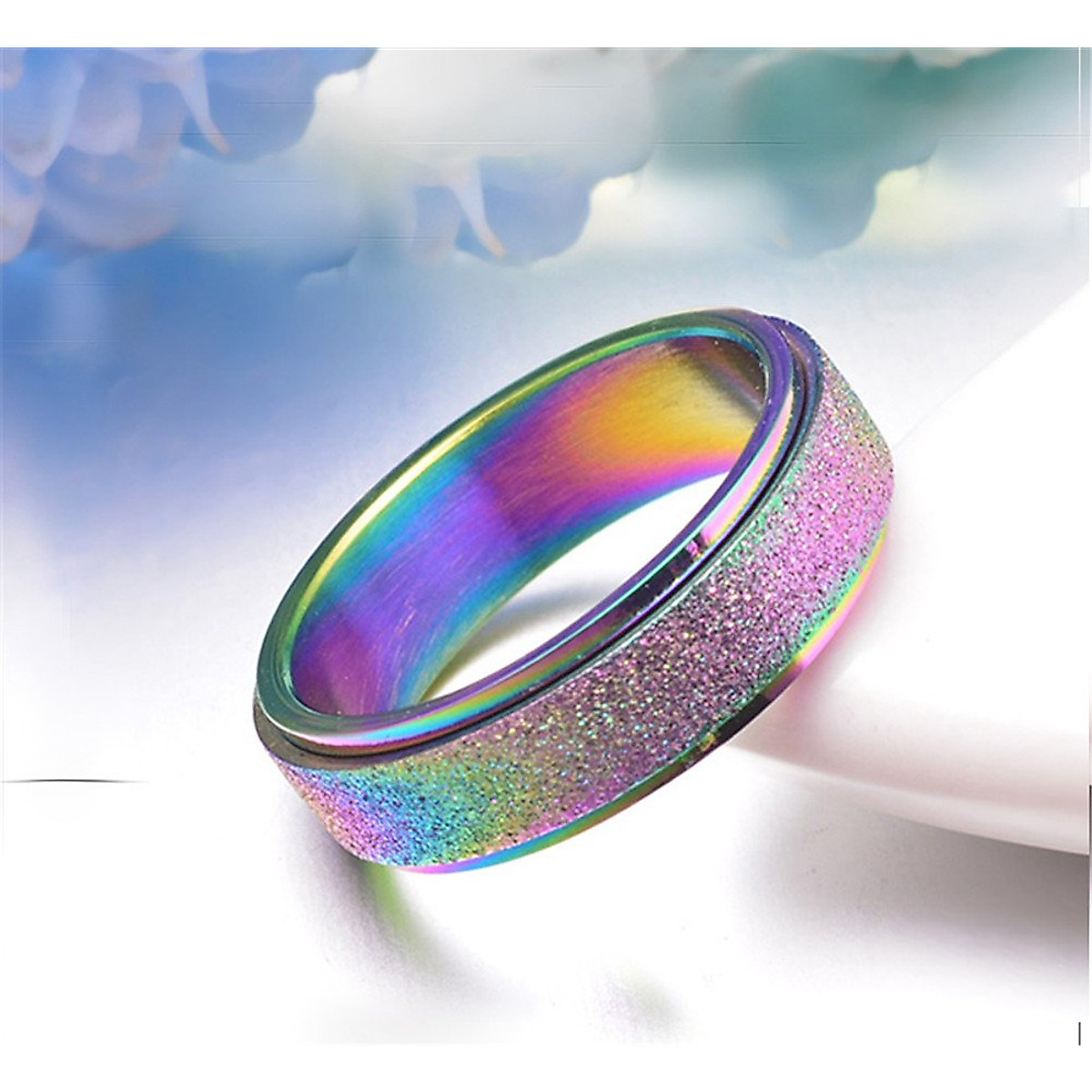 PAURO Women's Stainless Steel 6MM Rainbow Flag Lucky Spinner Worry Ring Band Size 4