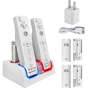 Upgraded Wii Remote Charger Station, Covanm 4 Port Wii Charging Station with 4 Rechargeable Battery for Wii (4 Port Charging Station+4 Replacement Batteries+USB Cable+Free USB Wall Charger)
