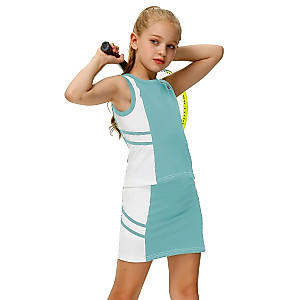 Girls Tennis Athletic Outfit Set Sports Color Block Casual Tank Top Golf Skirt Built in Shorts Light Green 6-7 Years