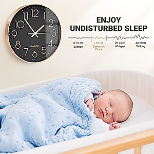 Geekclick 12" Wall Clock [Battery Included], Silent & Large Wall Clocks for Living Room/Office/Home/Kitchen Decor, Modern Style & Easy to Read - Rose Gold &Black