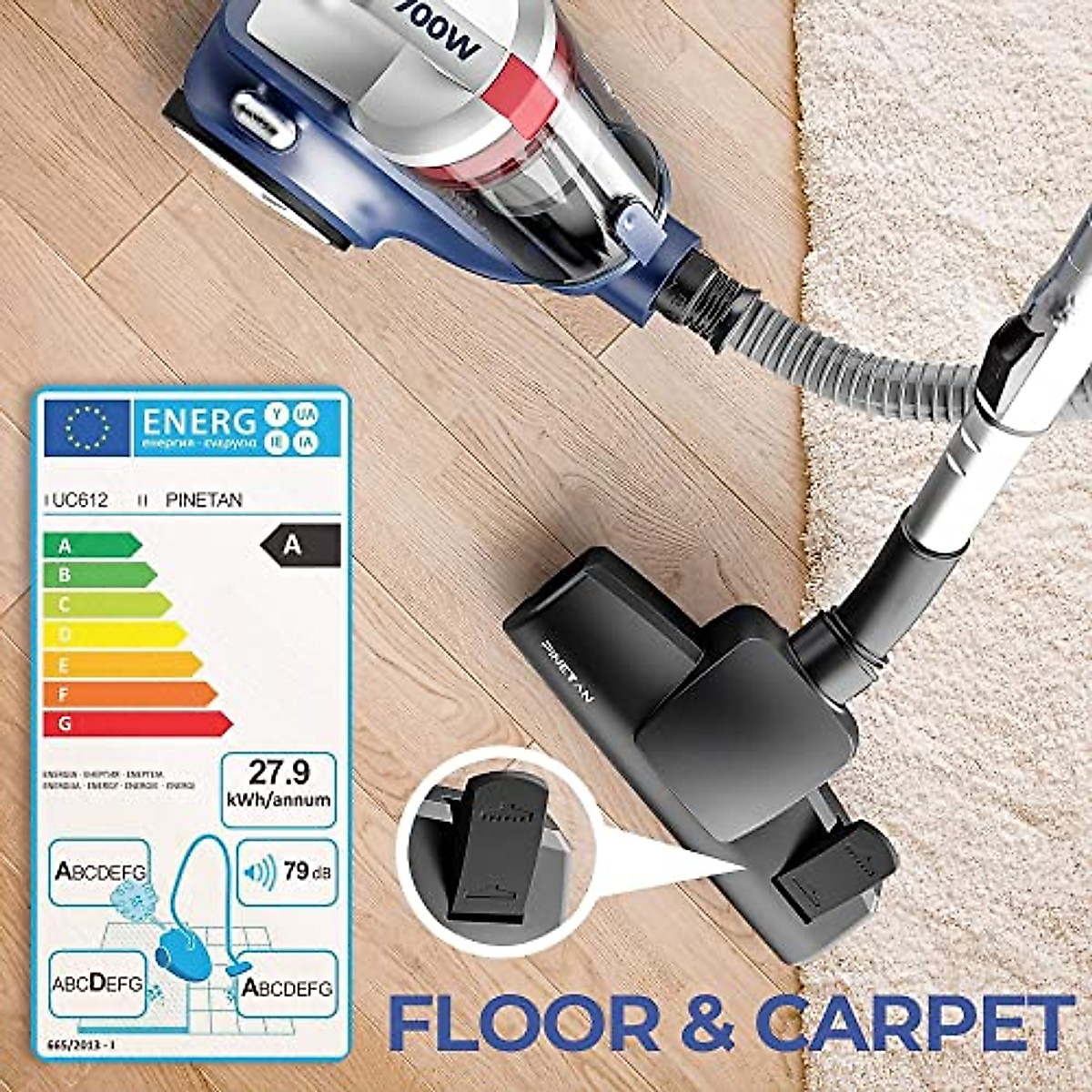 PINETAN Bagless Cyclone Canister Vacuum Cleaner, with Cyclone Filtration, Lightweight Design & Powerful Suction, Multi-Surface Cleaning Nozzle and Automatic Cord Rewind - Ocean Blue, UC612