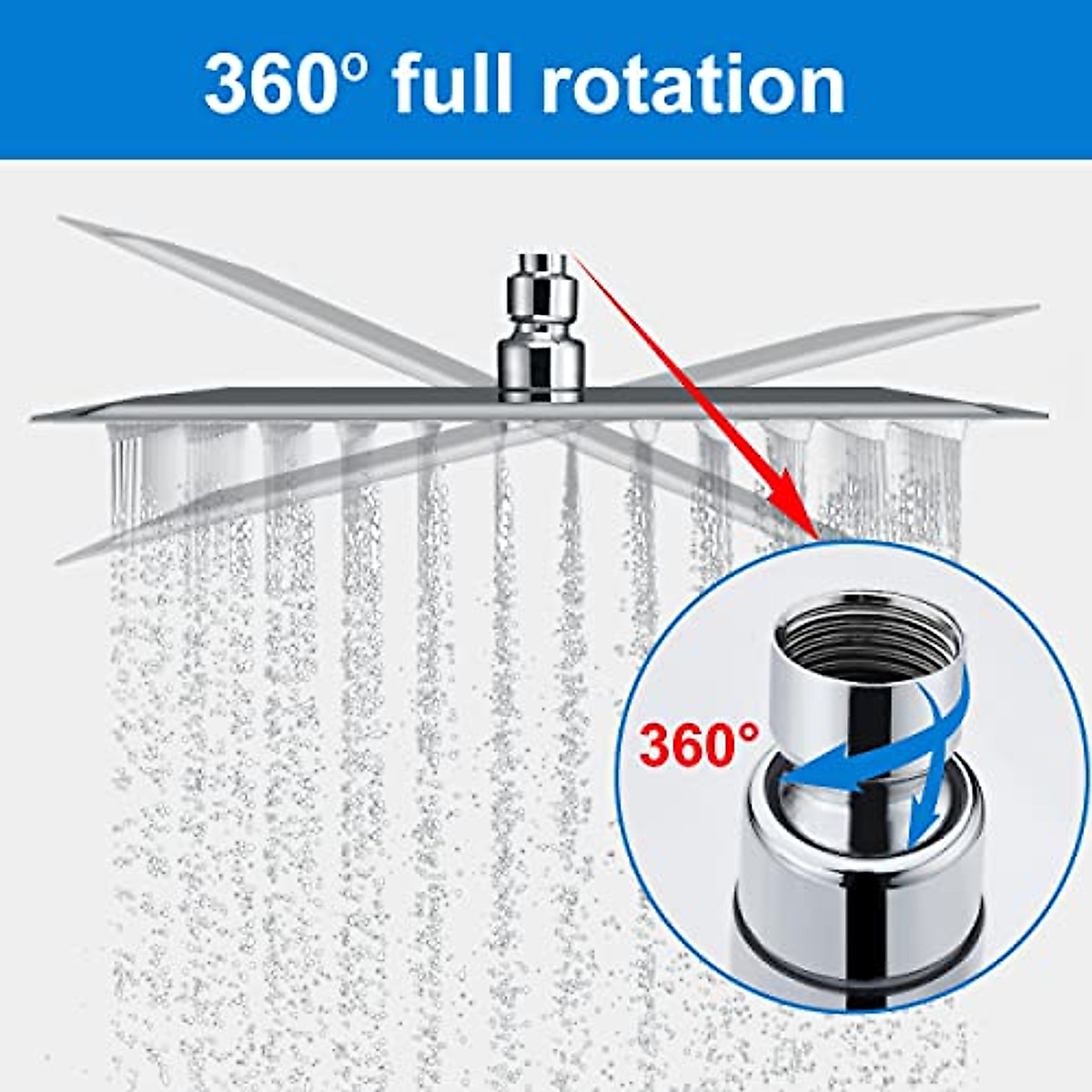 High Pressure Rain Shower head, 12" Square Rainfall & High Pressure Stainless Steel Bath Showerhead, Waterfall Full Body Coverage with Silicone Nozzle, (12 Inch, Chrome Finish)