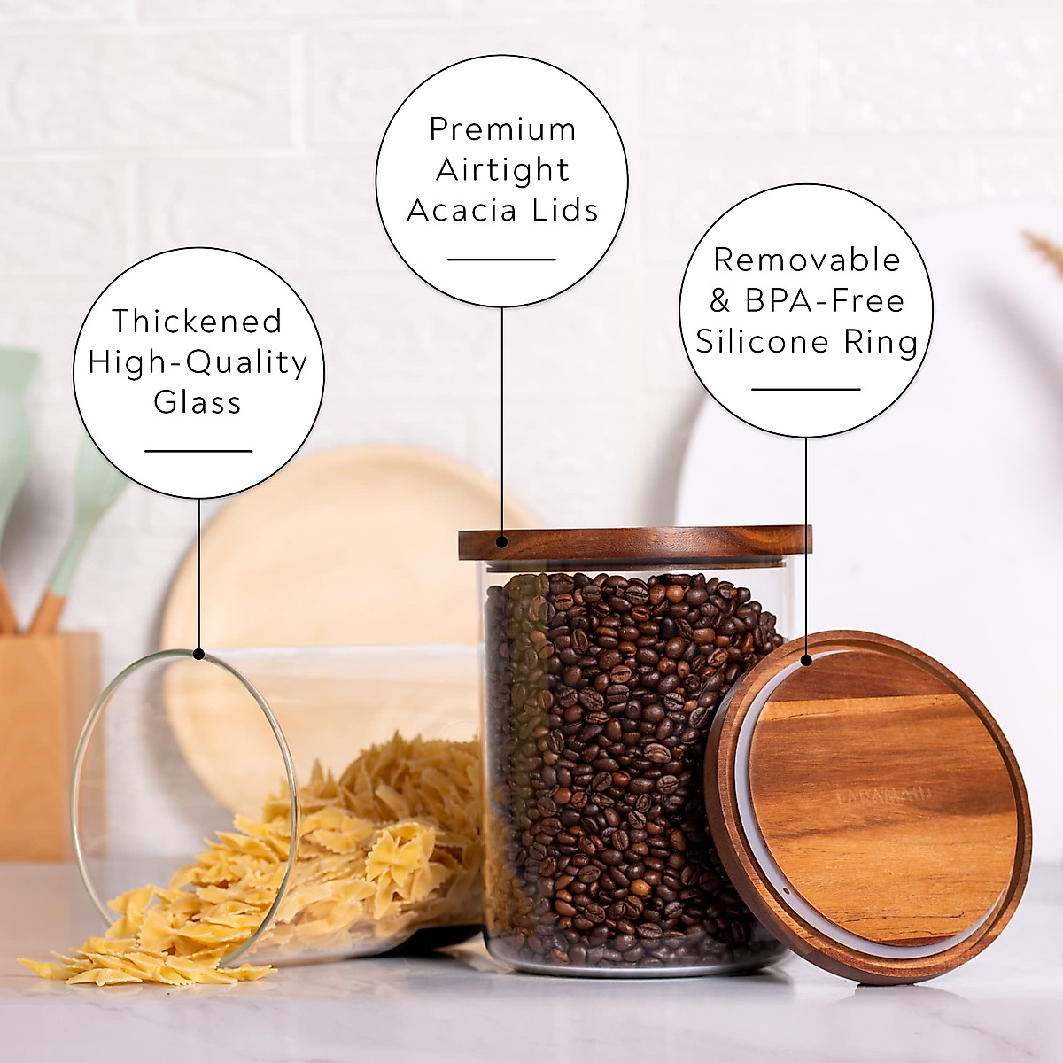 Laramaid 101oz 2Pack Glass Jar Canisters with Minimalist Labels, Round Pantry Jars with Brown Acacia Lids, Vinyl Customized Labels and White Pen, Food Storage Containers for Home, Kitchen and Pantry