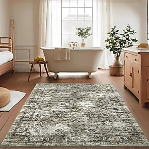 CAREMEE Washable Rug 5x7 Area Rugs for Living Room Bedroom, Vintage Non-Slip Print Distressed Thin Throw Rugs with Rubber Stain Resistant Low Pile Carpet for Kitchen Dining Room Foyer, Gray/Camel