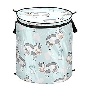 Cows Milk Pop Up Laundry Hamper with Lid Foldable Storage Basket Collapsible Laundry Bag for Camping Picnics Bathroom