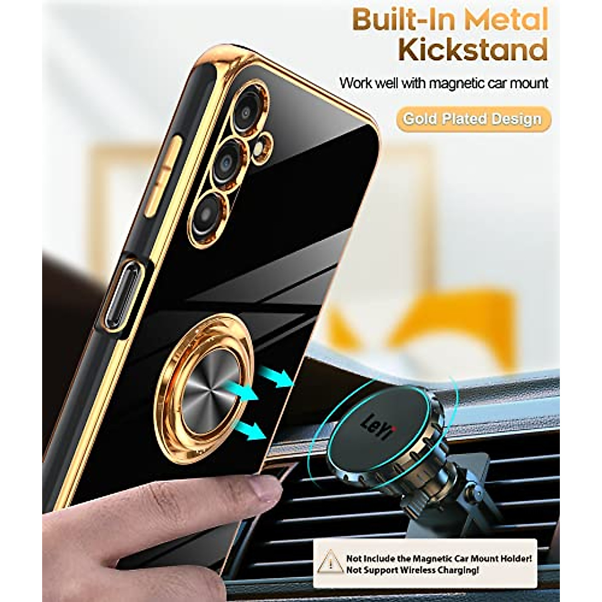 LeYi for Samsung Galaxy A14 5G Case: with 2 Pack Tempered Glass Screen Protector and 360° Rotatable Ring Holder Magnetic Kickstand, Plating Rose Gold Edge Protective Samsung A 14 5G Case, Black