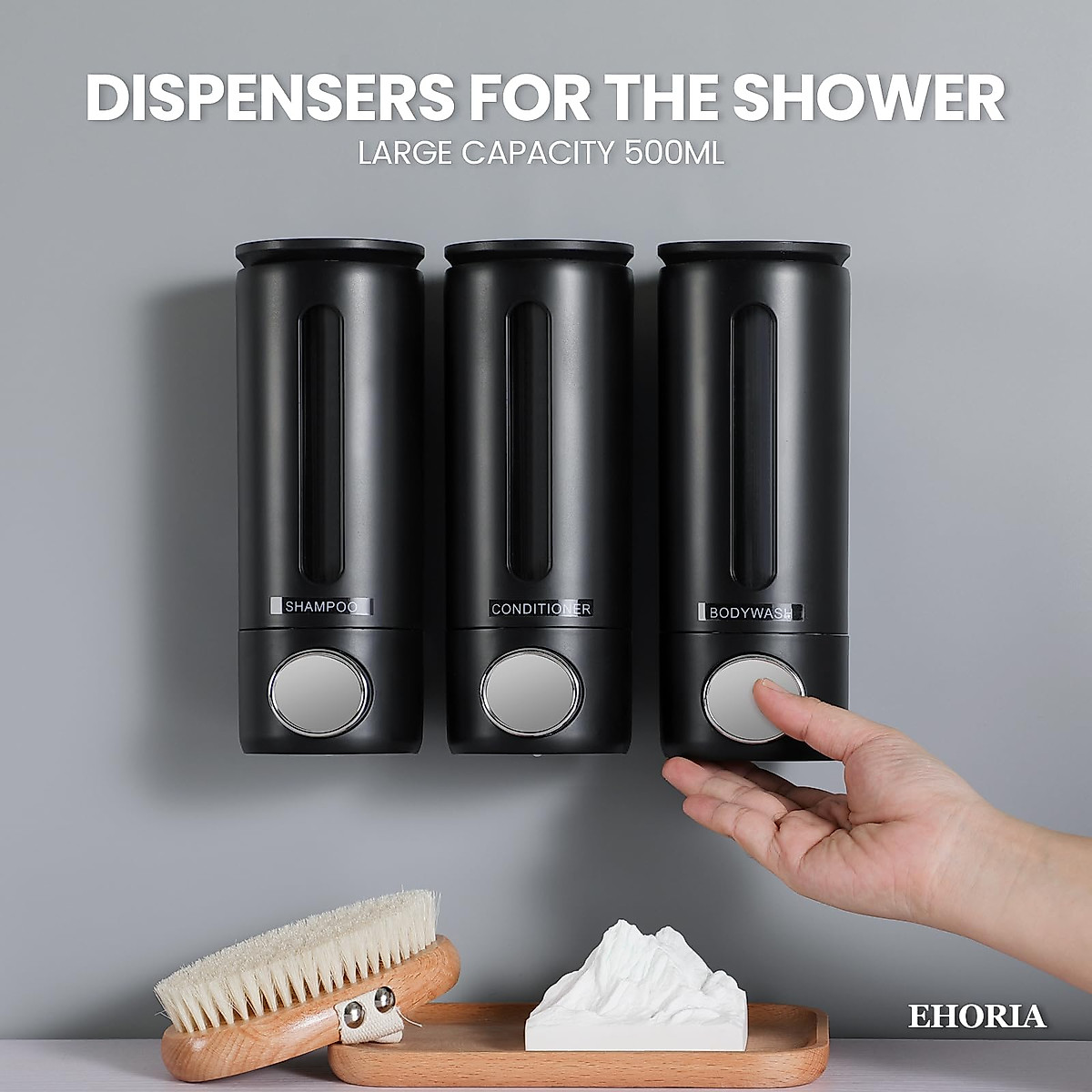 EHORIA Shampoo and Conditioner Dispenser,Shampoo Dispenser for Shower,Soap Pump for Shower(17.6 oz Triple) (Black)