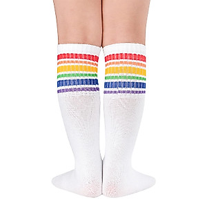 Cosy Encounter Kids Toddler Stripes Knee High Socks Cotton Sports Soccer Uniform Tube Stockings for Boys Girls 1 Pair White Rainbow One Size (WDCEAS4190S101PSN)