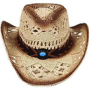 Livingston Cowboy Hat Men & Women's Woven Straw Cowgirl Hat w/Hat Band Straw, Bead Beige