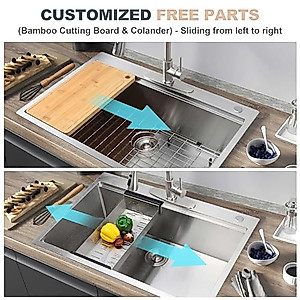 Herogo 33"X22" Workstation Kitchen Sink, 10 Deep Drop In Stainless Steel Topmount Single Bowl 2-Hole R10 Tight Radius Large Kitchen Sinks with Kit of 5 Accessories