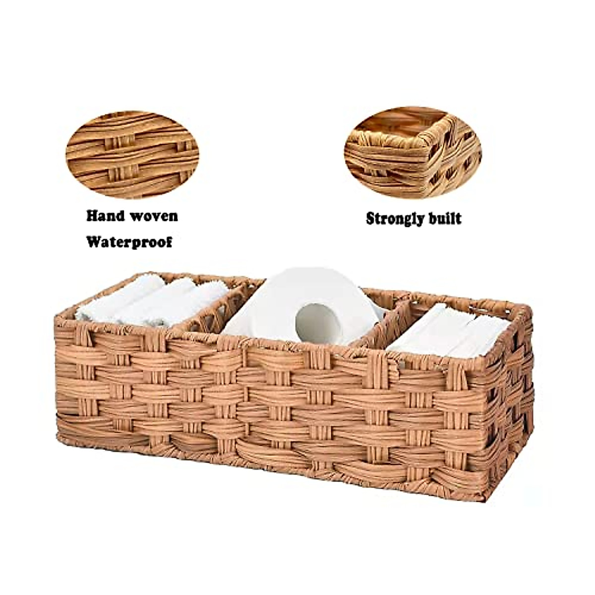 3 Section Toilet Paper Tray Basket, Toilet Tank Waterproof Storage Baskets, Rustic Farmhouse Bathroom Decor, Organizer for Bathroom, Wicker Organizer for Bathroom Home Washroom (Light Brown)